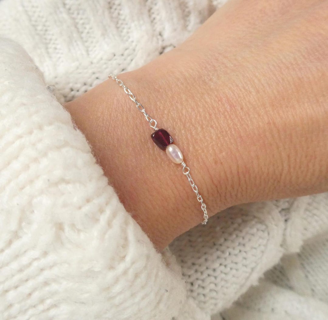 Garnet and Freshwater Pearl Bracelet, Silver Chain Garnet Pearl ...