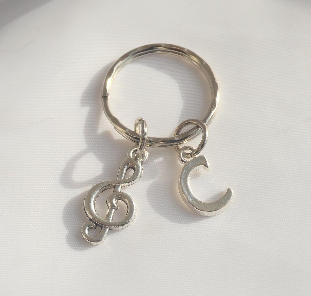 Musical Note Keyring, Silver Treble Clef Keychain With Initial ...