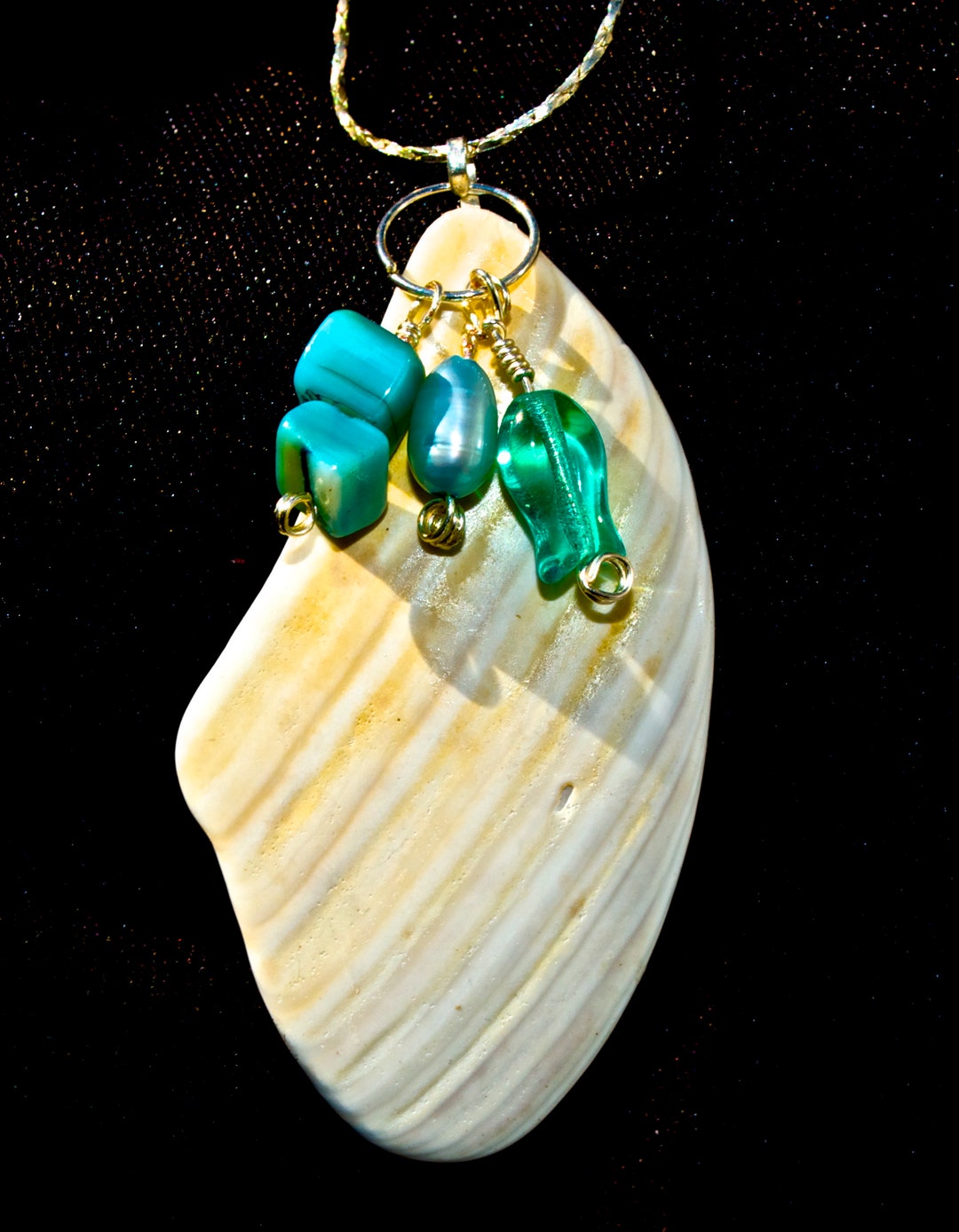 Polished Shell Pendant With Aqua Glass Charms - Etsy
