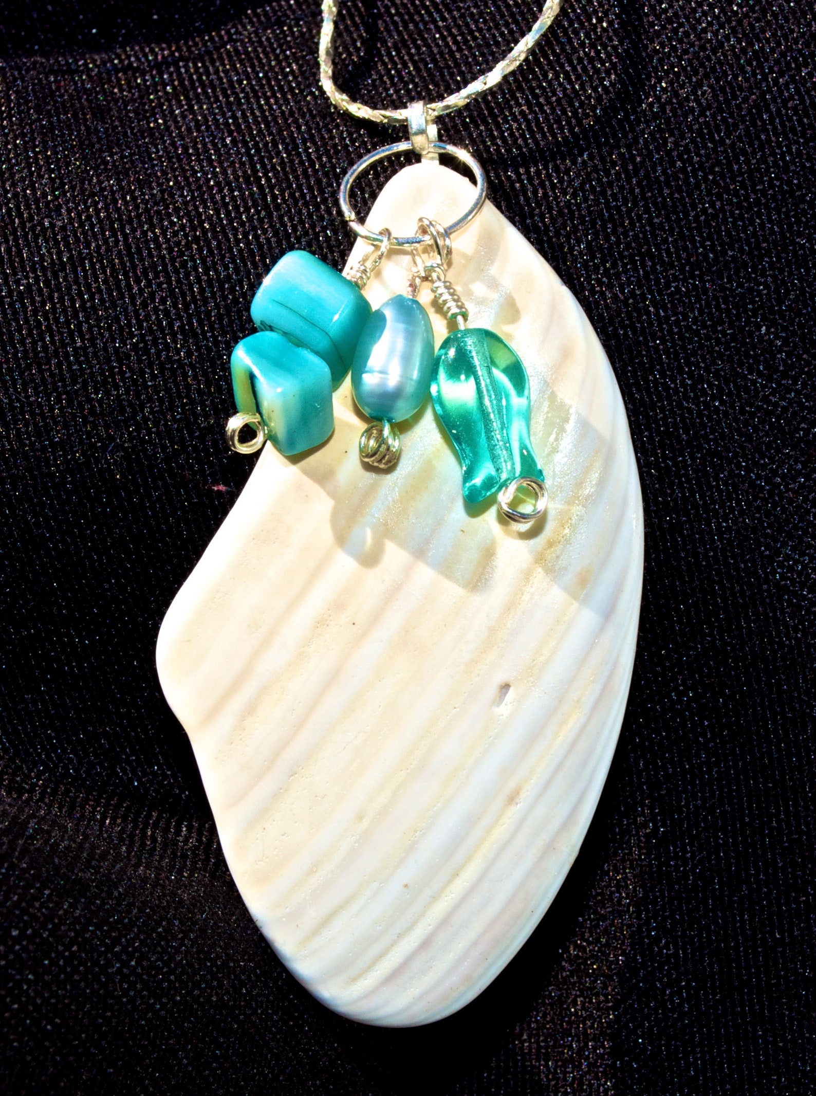 Polished Shell Pendant With Aqua Glass Charms - Etsy