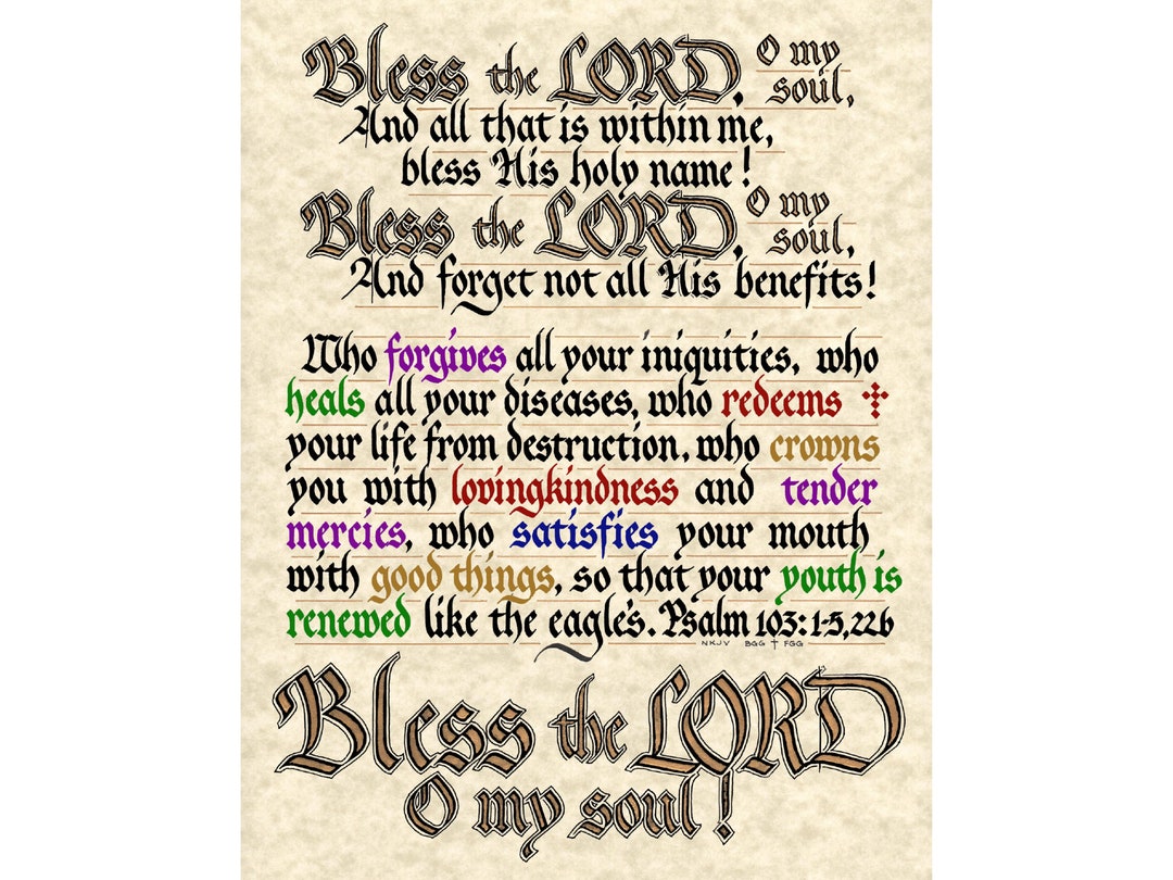 Print - Psalm 103:1-5, 22 - - Hand Lettered Calligraphy Print ...