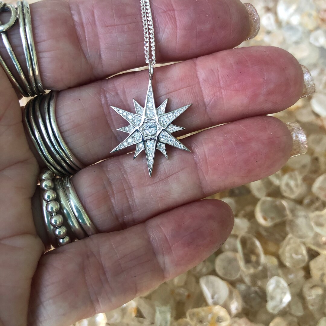 Silver North Star CZ Pendant, Sterling Star Burst Charm, Sparkly ...