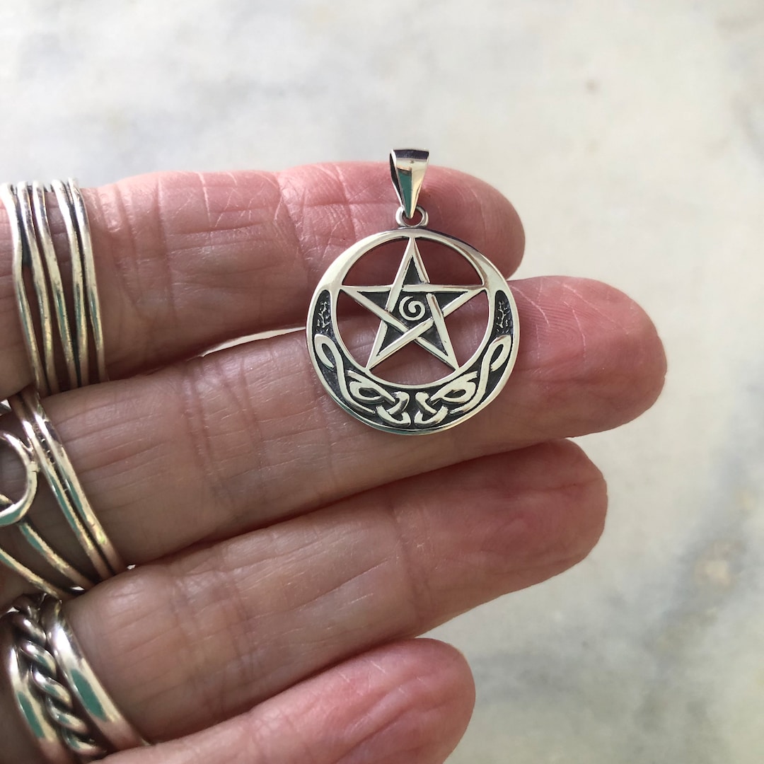 Silver Pentacle Pendant, Sterling Pentacle Medallion, Celtic Moon and ...
