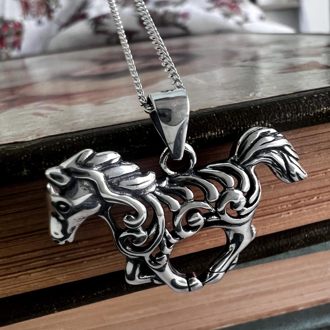 Sterling Silver Horse Necklace Pendant: Celtic Trotting Pony Charm ...