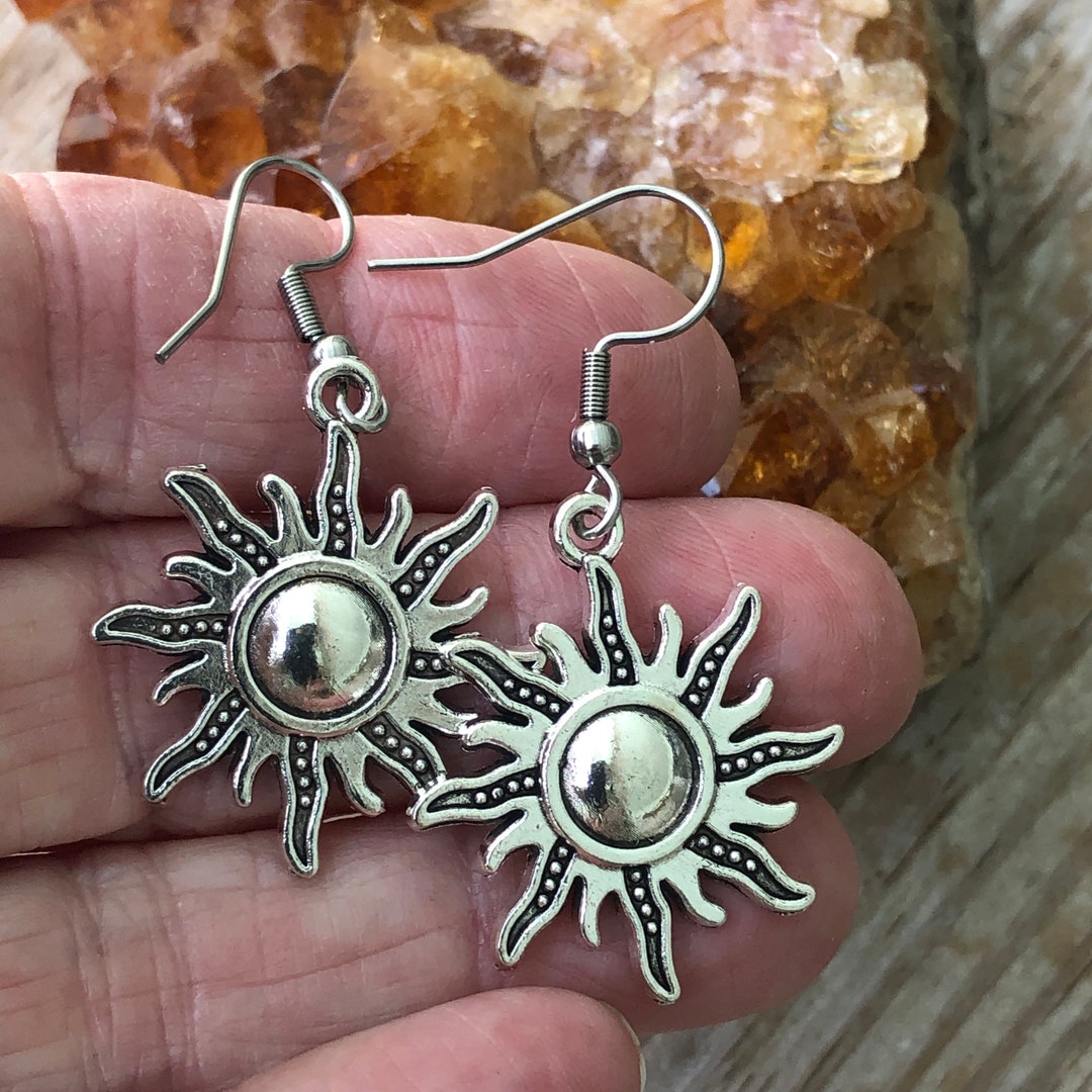 Sun Dangle Earrings: Sun Rays Drop Earring, Silvertone Celestial ...