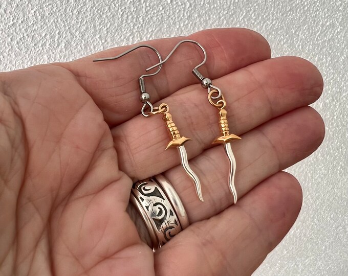Sterling Dagger Earrings or Charm, Small Sterling Dagger Bronze Handle, Pirate Dagger, Jagged ...