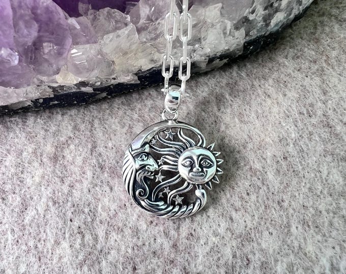 Silver Sun Moon Stars Necklace Pendant W Faces, Celestial Jewelry ...