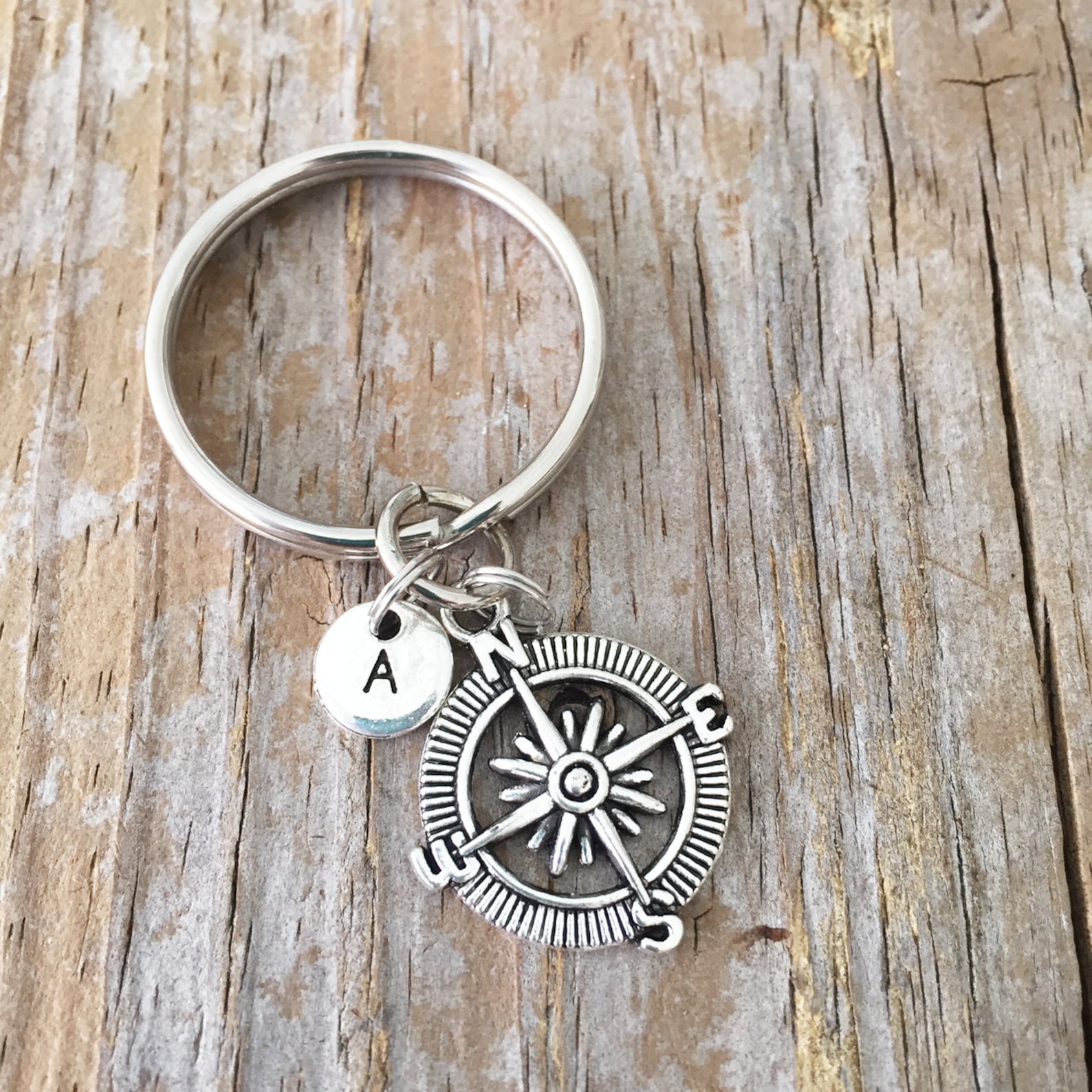 Compass Initial Keychain, Compass Key Ring, Personalize Travel Keychain ...