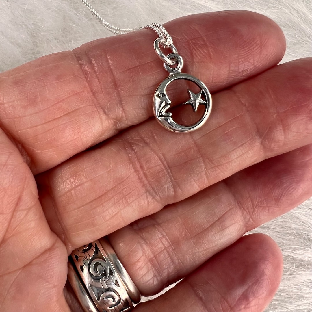 925 Sterling Silver Tiny Moon Face Star Charm. Little Man in the Moon ...
