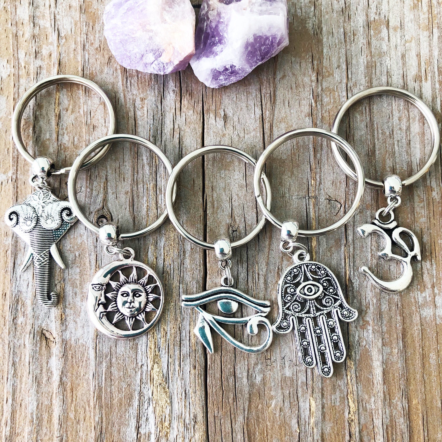 Keychain Eye of Horus, Hamsa Evil Eye, Ohm Elephant Sun Moon Cross ...