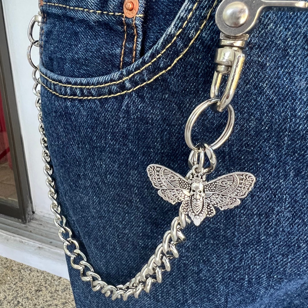 Moth Key Wallet Chain, Steel Heavy Curb Link Key Ring, Skull Moth ...