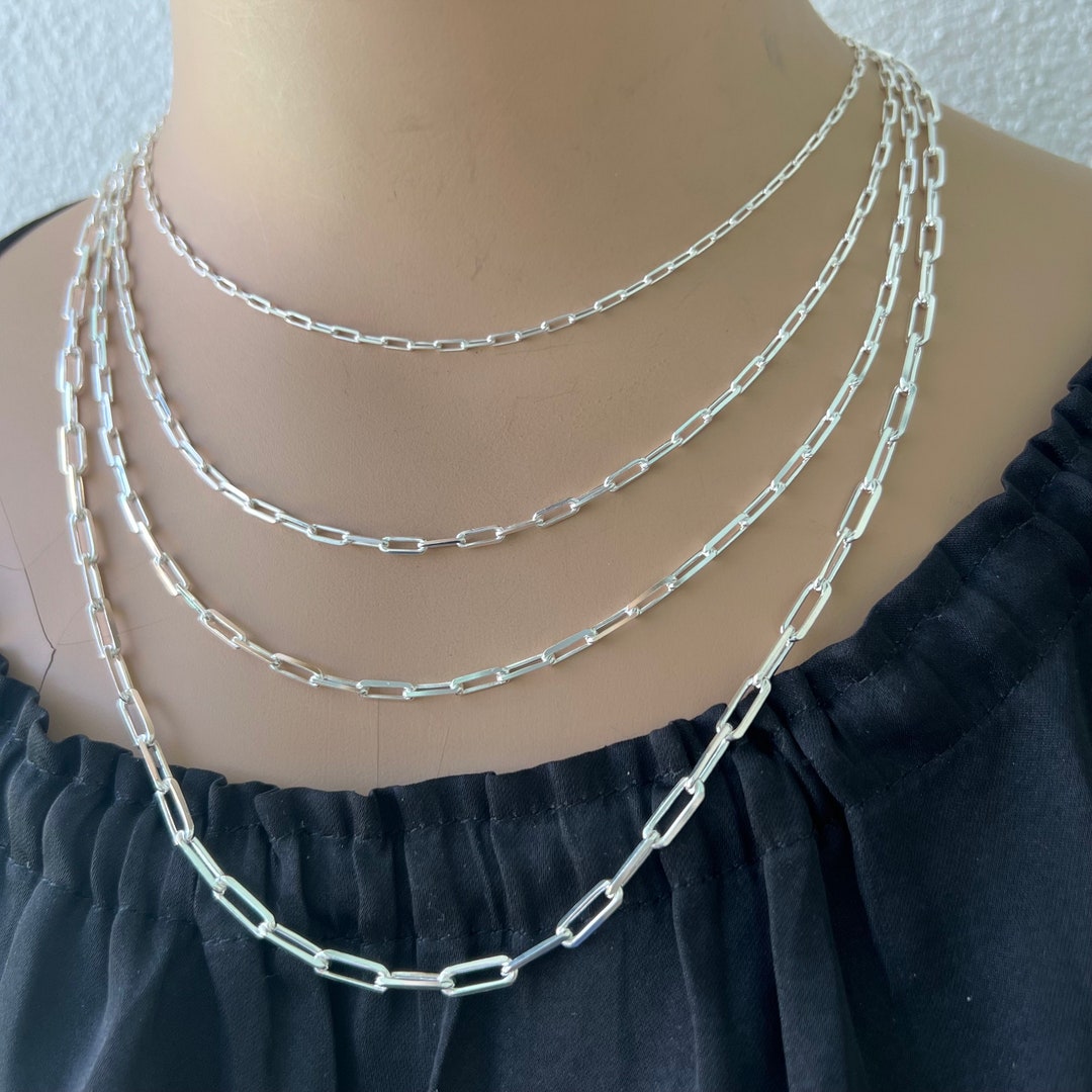 Solid 925 Sterling Silver Italian Paper Clip Chain, Rectangle Link ...