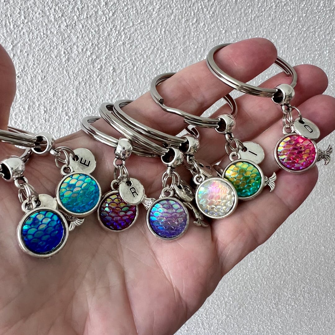 Mermaid Charm and Scales Keychain With Initial, Double Sided Shimmer ...