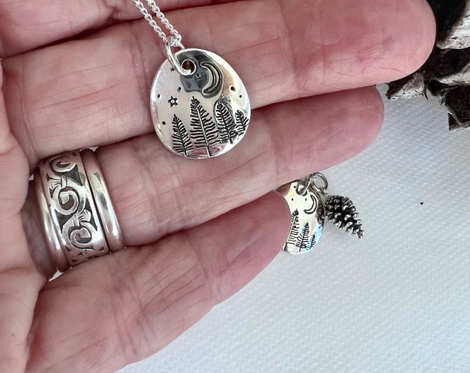 Silver Pine Tree and Moon With 3D Pine Cone, Sterling Etched Winter ...