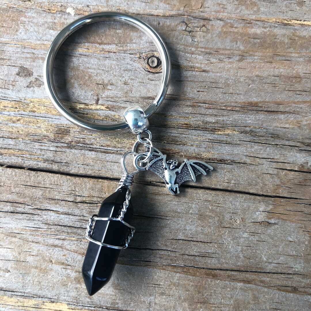Bat and Crystal Keychain: Goth Keyring With Wrapped Stone, Gothic Bats ...