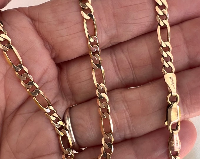 Figaro Chain 10K Solid Yellow Gold 20" Vintage Minimalist Necklace ...