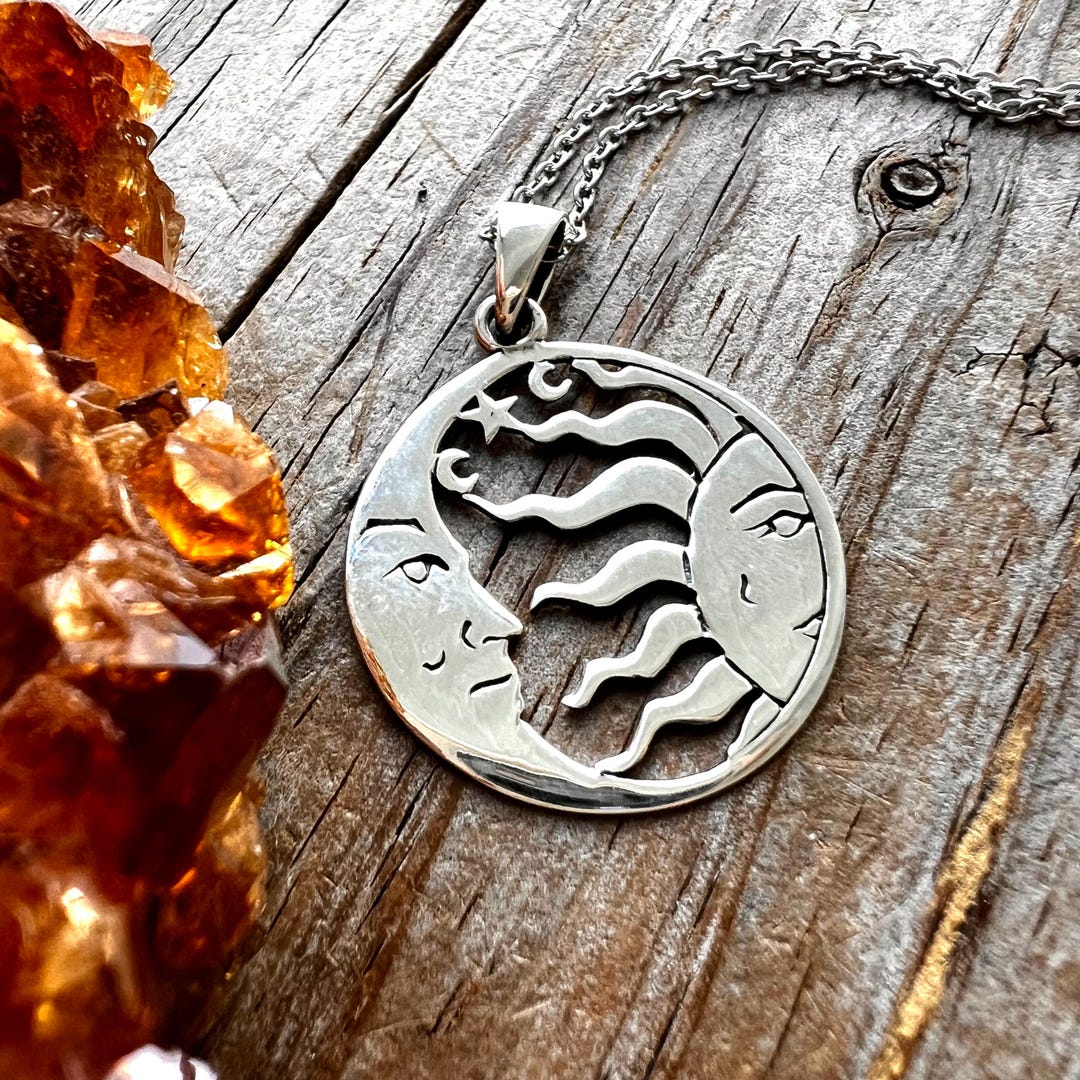 Sterling Silver Sun and Moon Pendant, Yin Yang Man & Woman Faces, Lunar ...