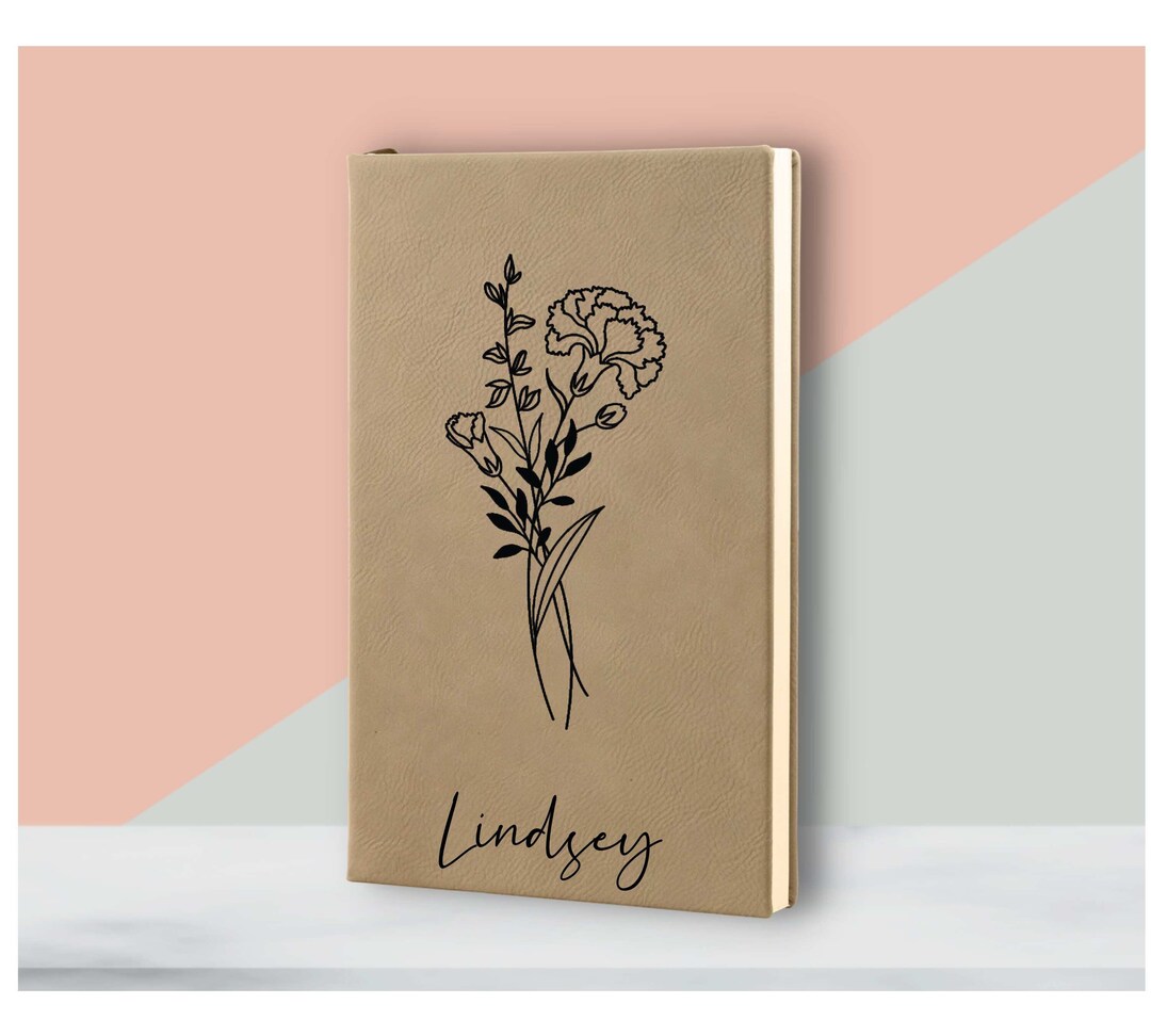 Personalized Leather Journal, Birth Flower Engraved Journal ...