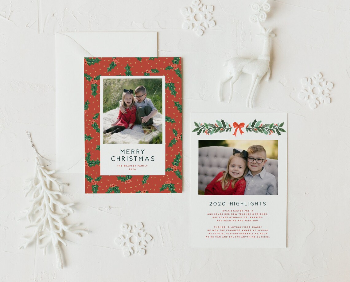 Photo Christmas Card Holly Holiday Card Red Holly - Etsy