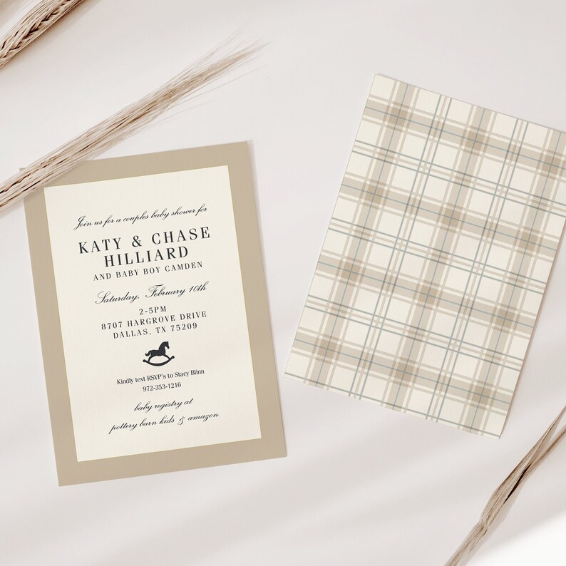 Classic Baby Shower Invitation, Beige Plaid, Neutral, Rocking Horse ...