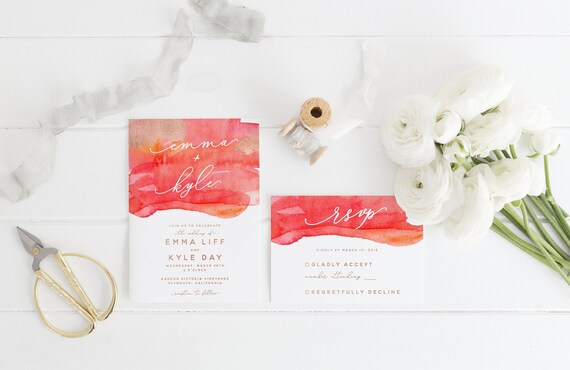 Watercolor Wedding Invitations Coral Wedding Invitation | Etsy