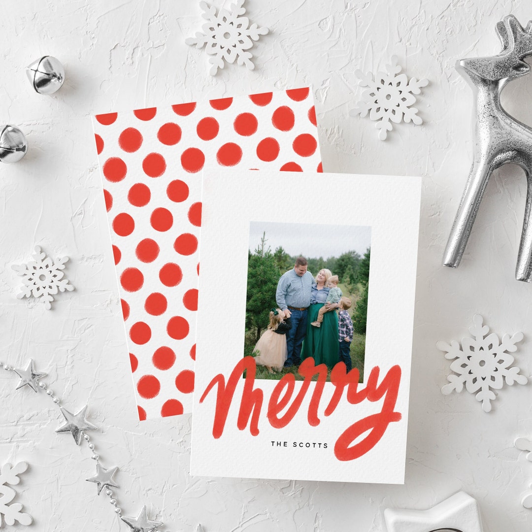 Photo Christmas Card Merry Holiday Card Red Polka Dot Fun - Etsy