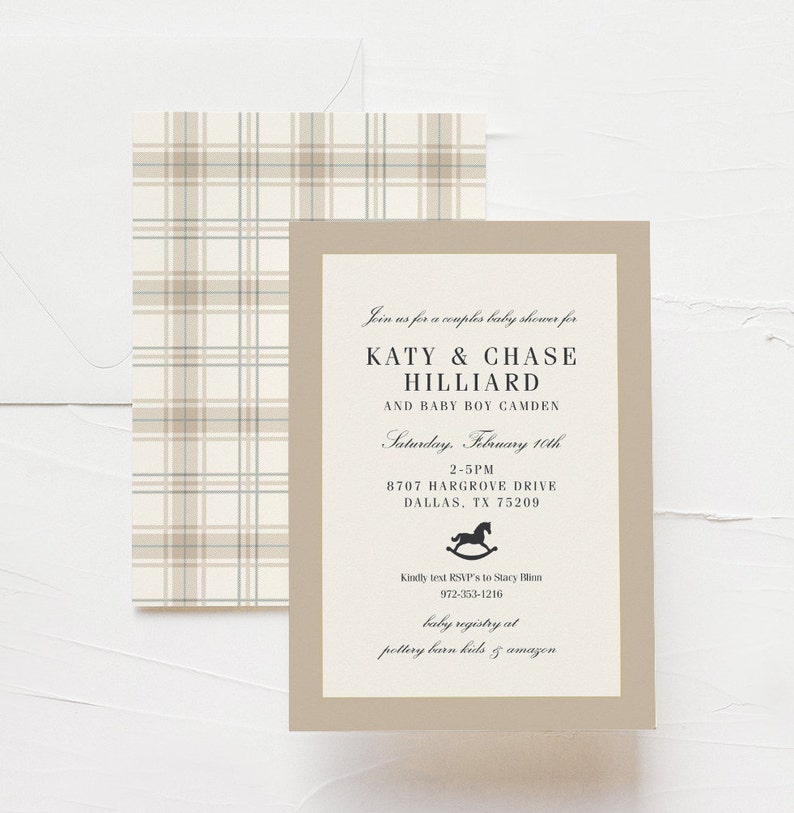 Classic Baby Shower Invitation, Beige Plaid, Neutral, Rocking Horse ...