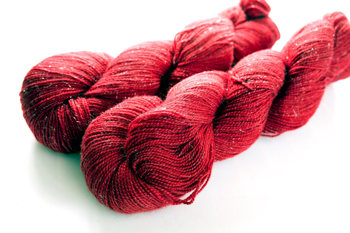 Hand Dyed Sparkle Yarn | Deep Red Semi Solid Yarn With Silver Glitter ...