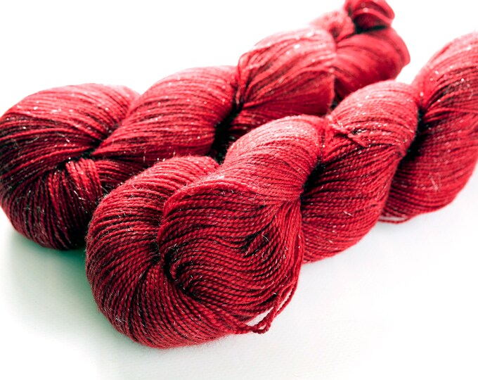 Hand Dyed Sparkle Yarn | Deep Red Semi Solid Yarn With Silver Glitter ...