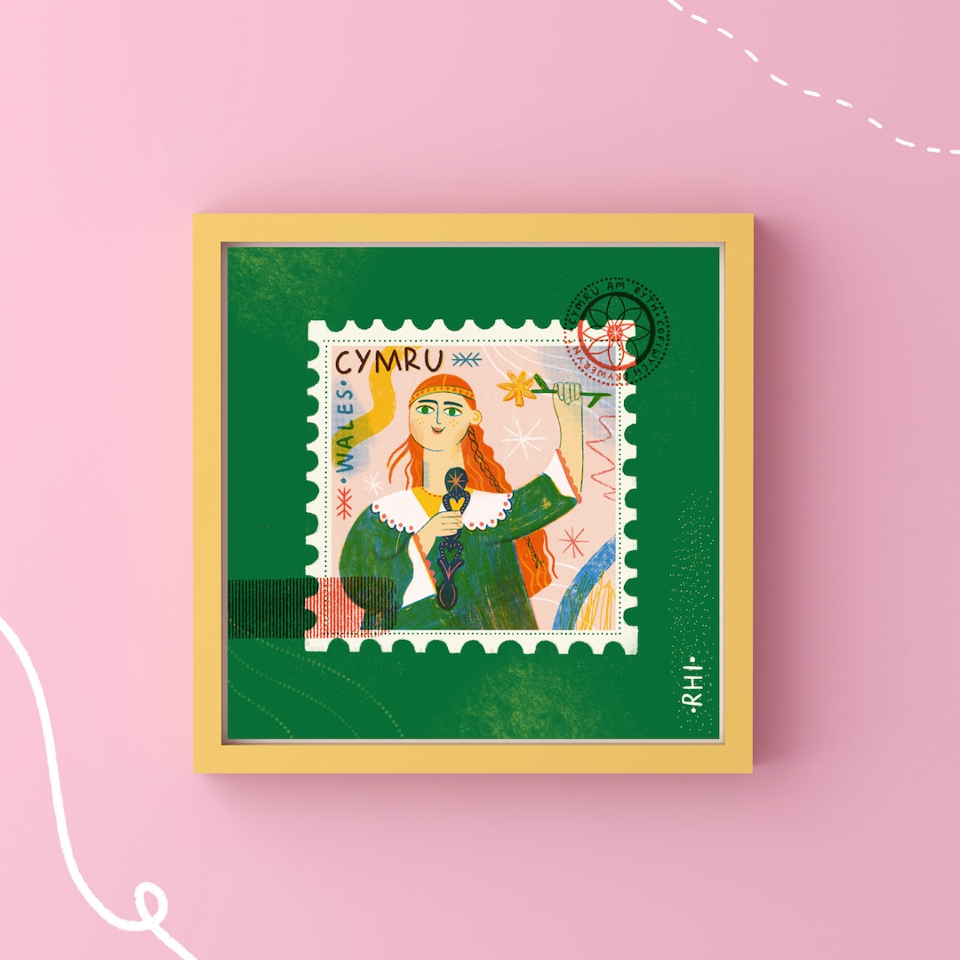 Welsh Lady Risograph Print: Cymru Travel Art, Lovespoon & Daffodil ...