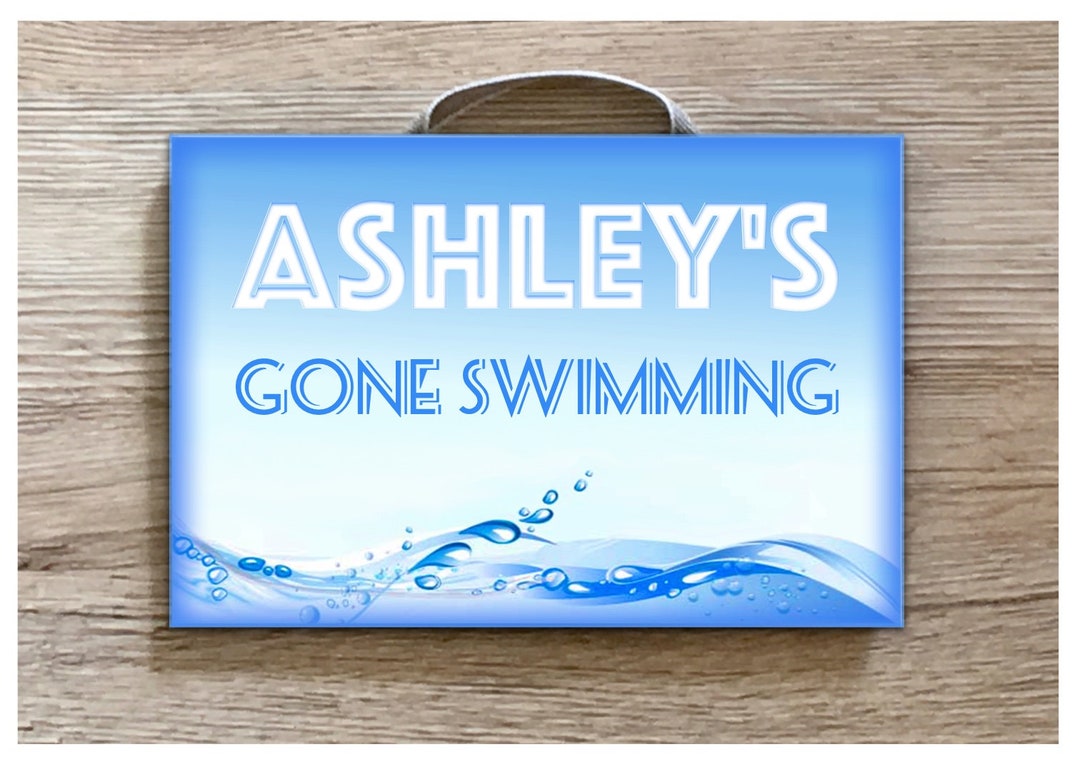 Gone Swimming Sign: Personalised Wave Design Wall or Door Plaque for ...