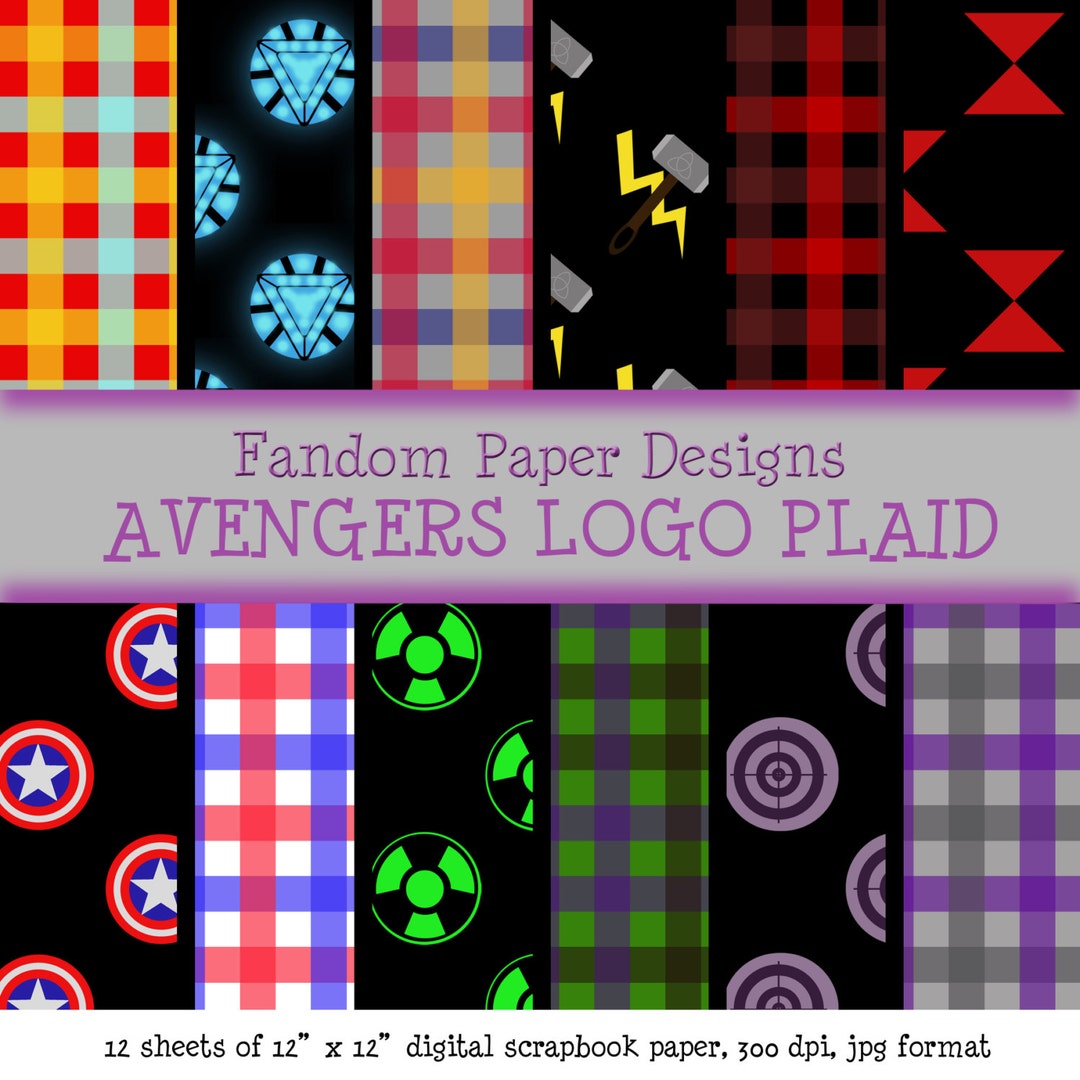 Avengers Logos and Plaid - Digital Scrapbook Paper - Twelve Sheets - Etsy