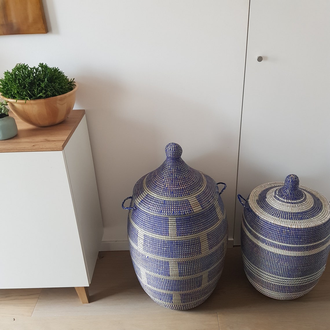 Blue Laundry Basket Handwoven Hamper Blue Basket With Lid | Etsy