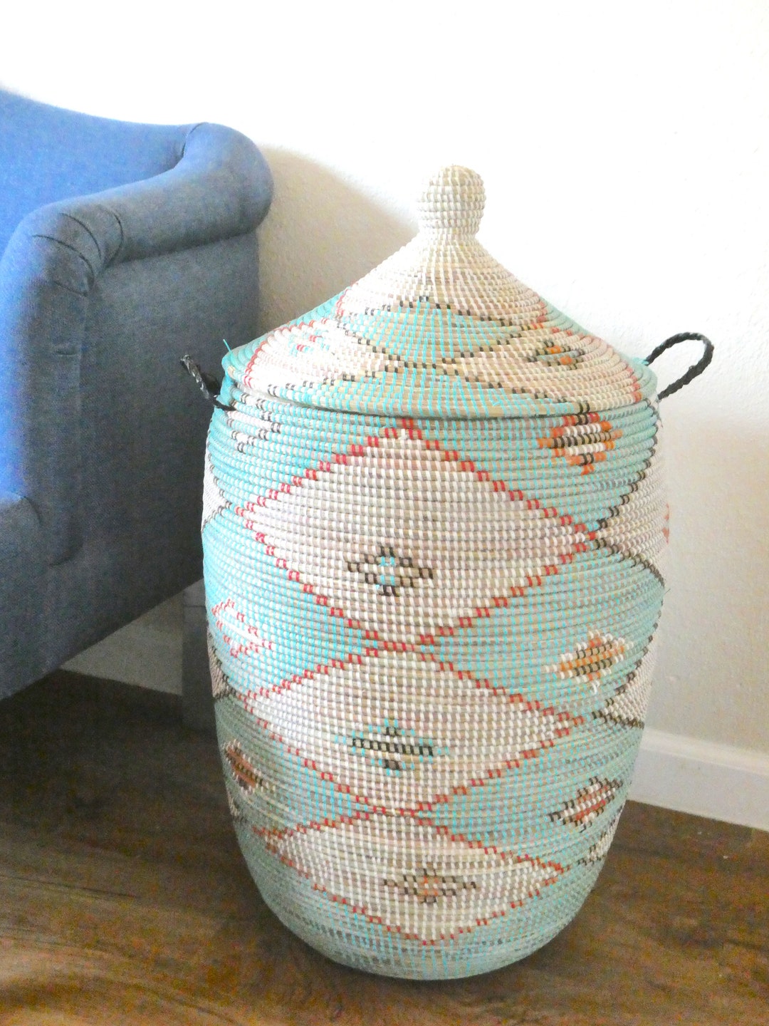 Turquoise and White Eclectic African Laundry Basket, Cesto,handwoven ...