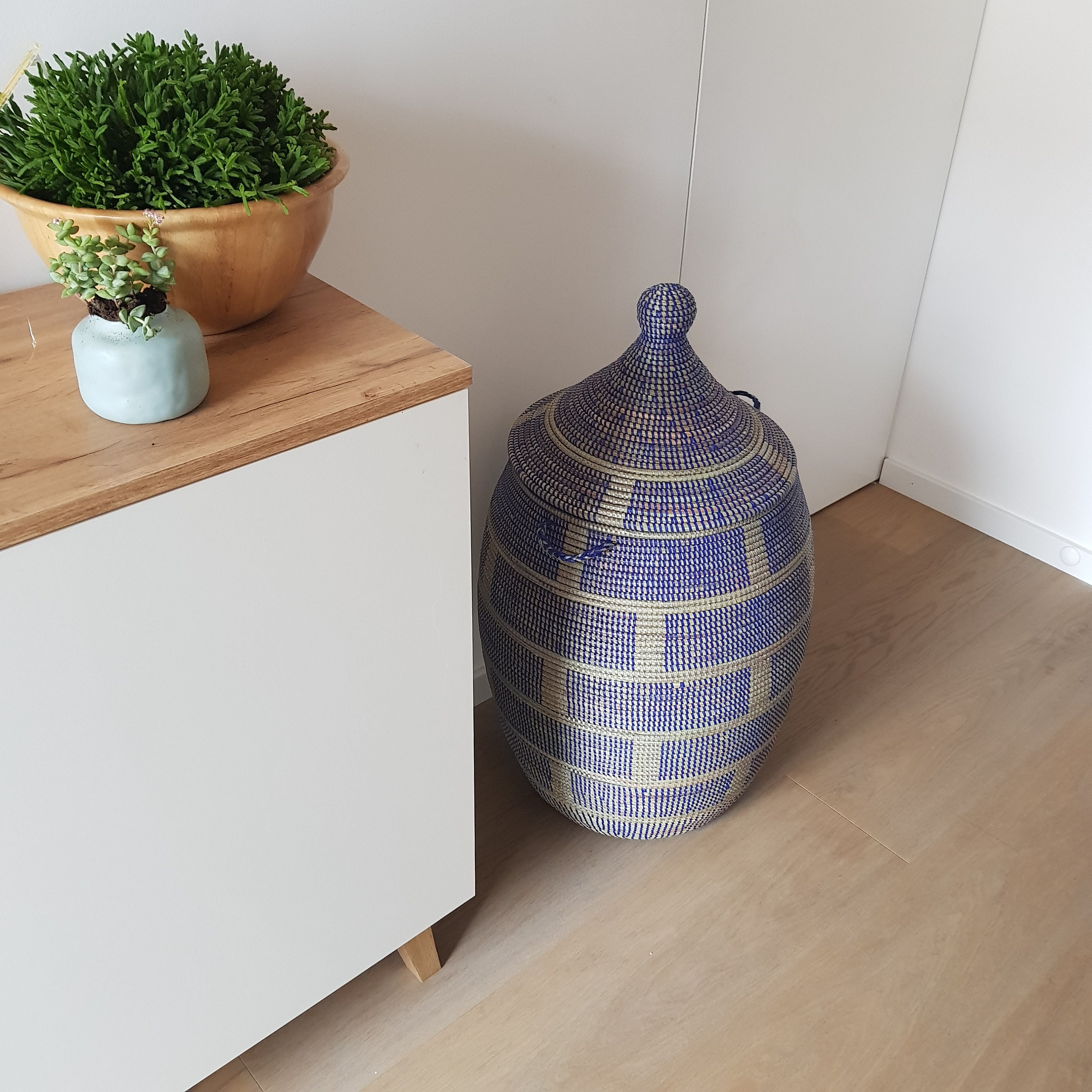 Blue Laundry Basket Handwoven Hamper Blue Basket With Lid | Etsy