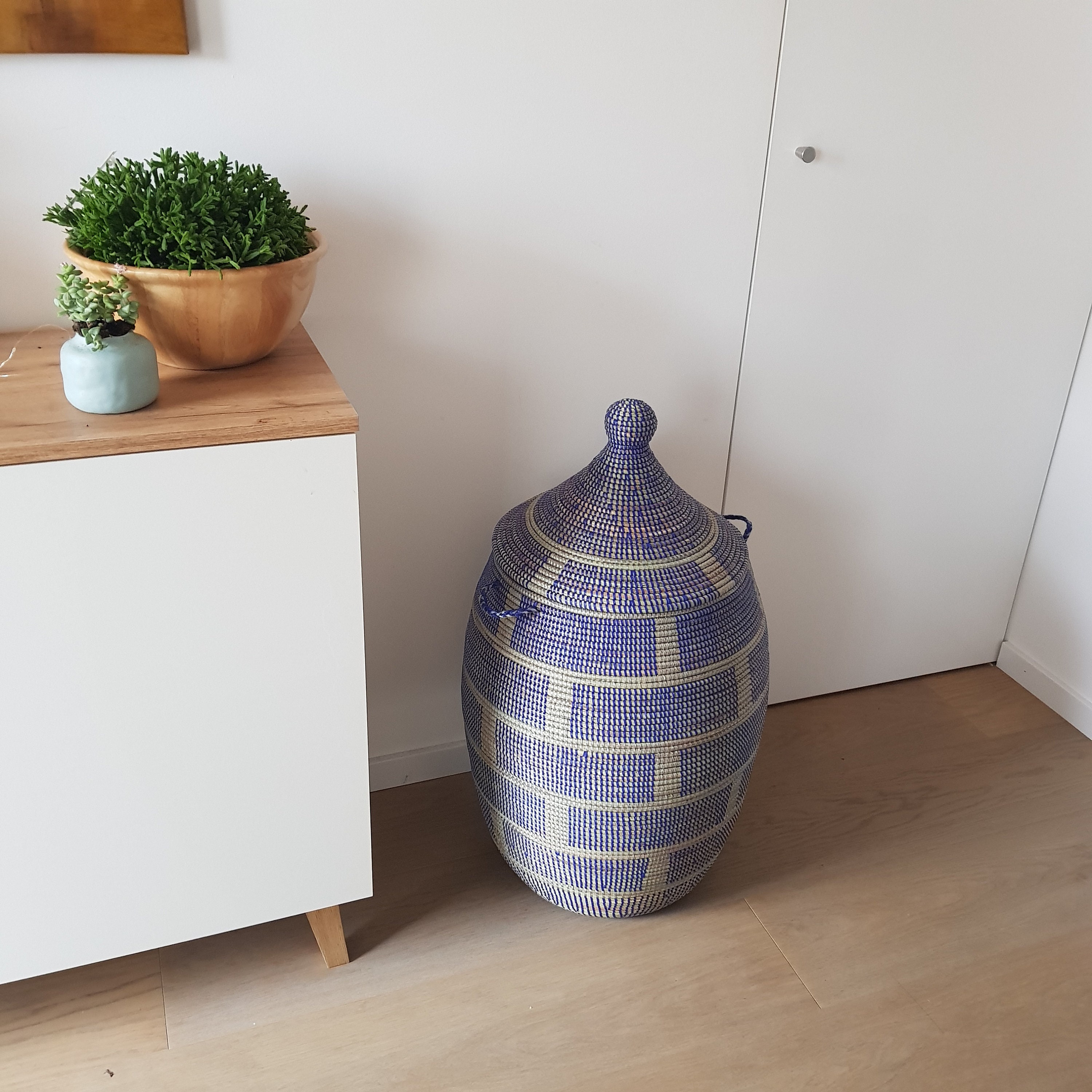 Blue Laundry Basket Handwoven Hamper Blue Basket With Lid | Etsy