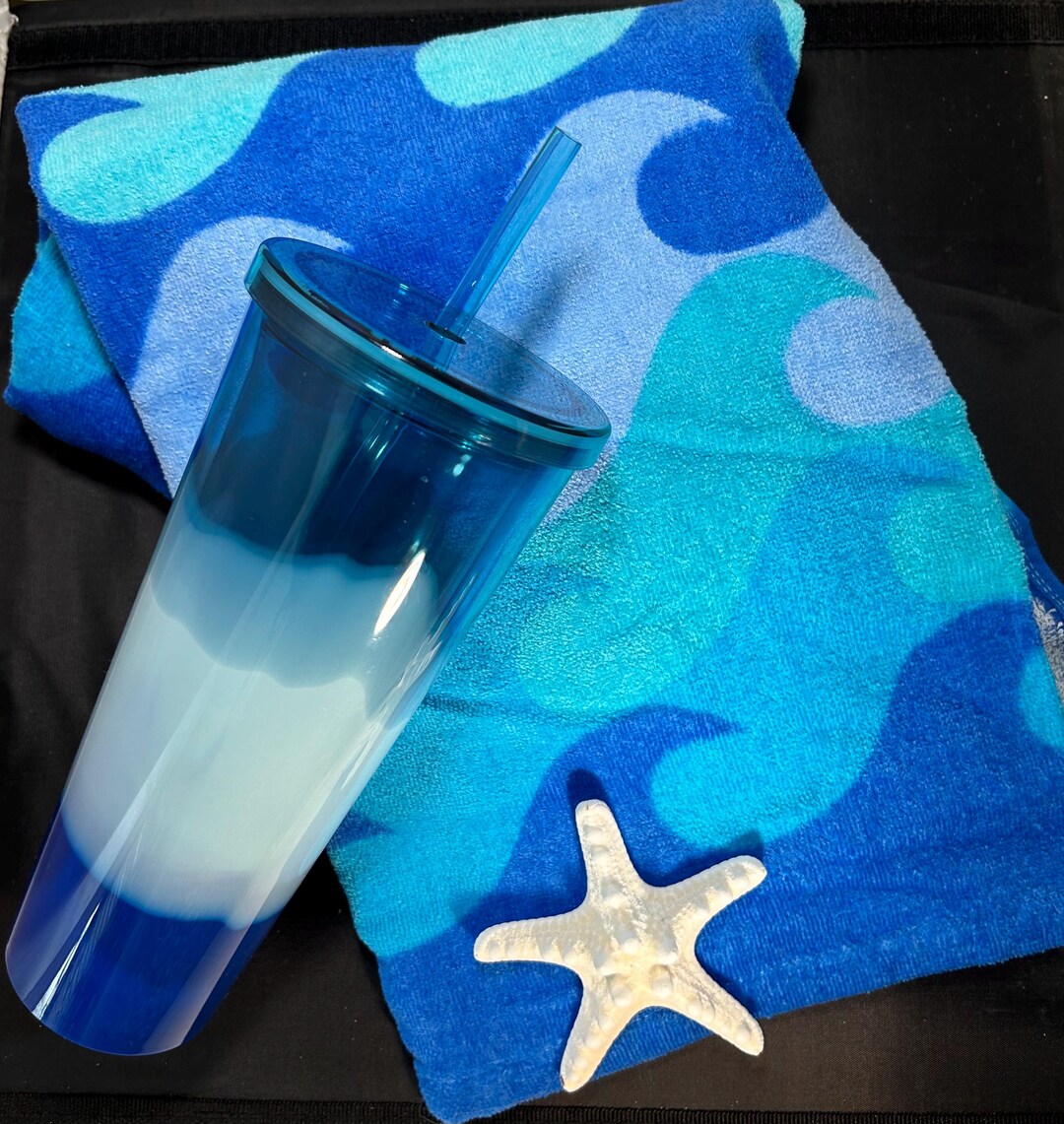 Embroidered Beach Towel/ A Blue Beach Towel With Cup/ Personalized - Etsy