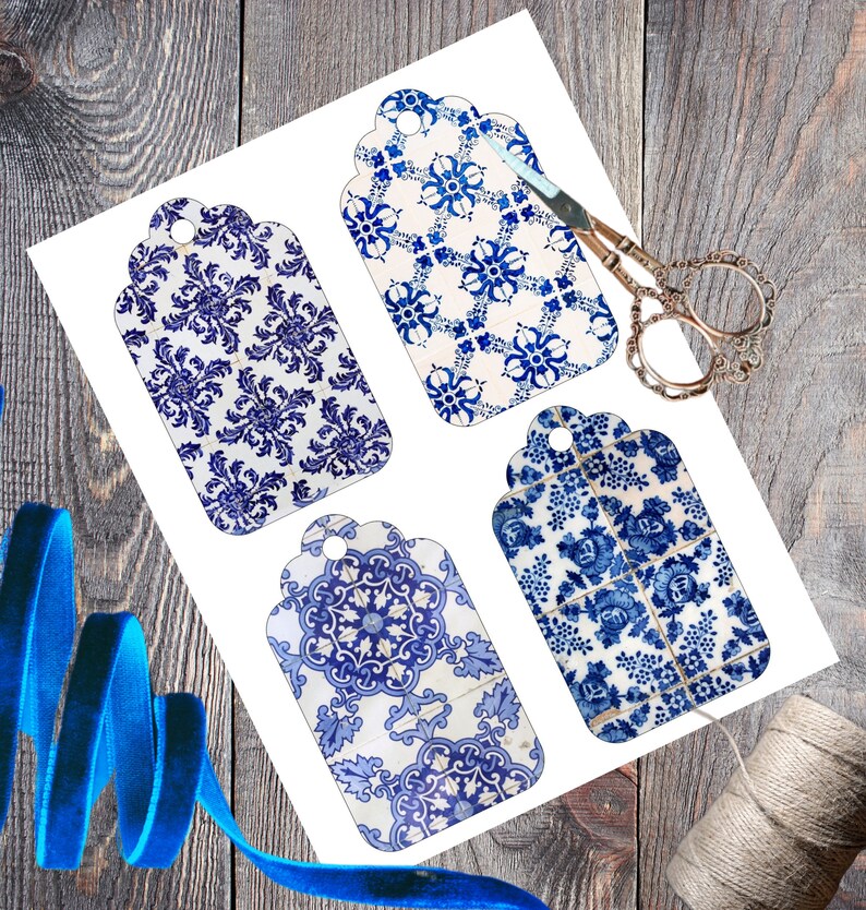 Printable Vintage Gift Tags: Blue Chinoiserie Floral Tile Set of 8 ...