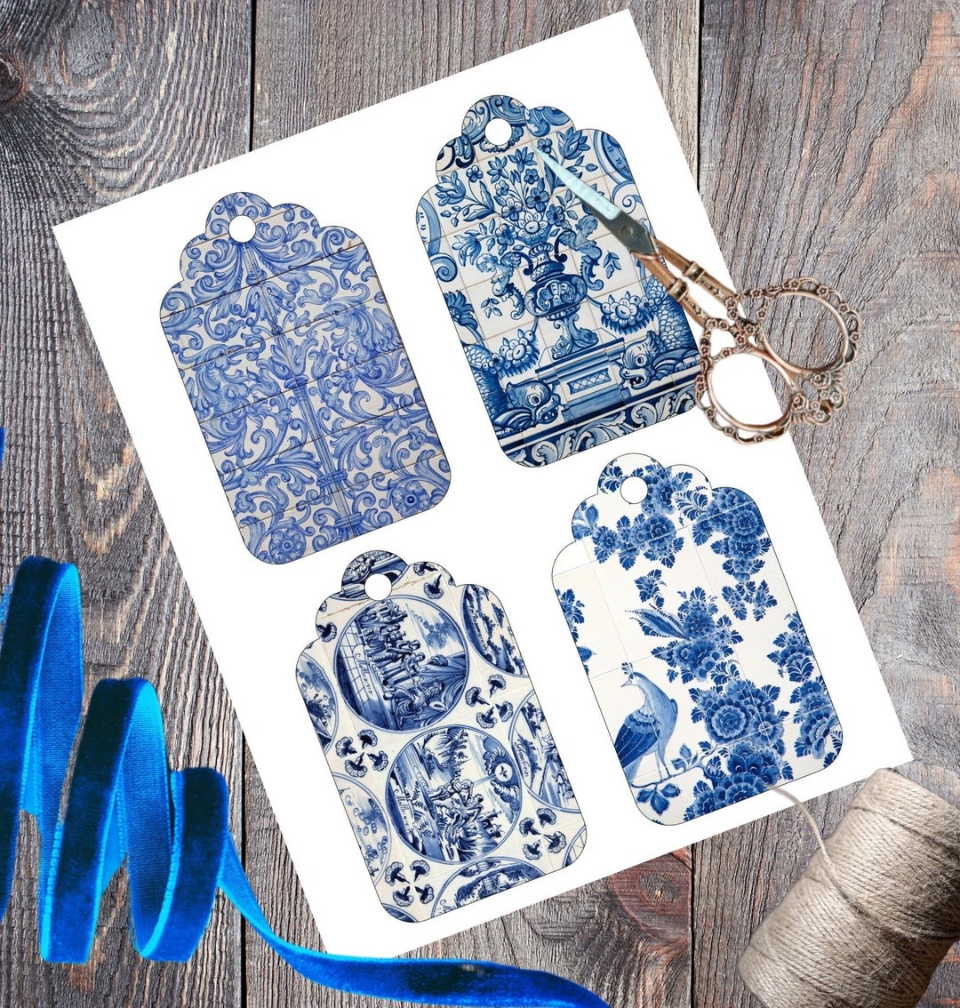 Printable Vintage Gift Tags, Blue and White Floral Tiles, Chinoiserie ...