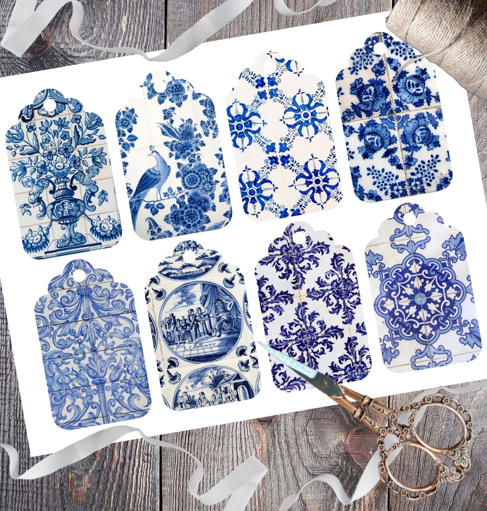 Printable Vintage Gift Tags Blue and White Floral Tiles - Etsy