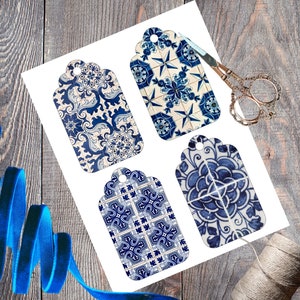 Blue and White Gift Tags, Printable Vintage Floral Tiles, Chinoiserie ...