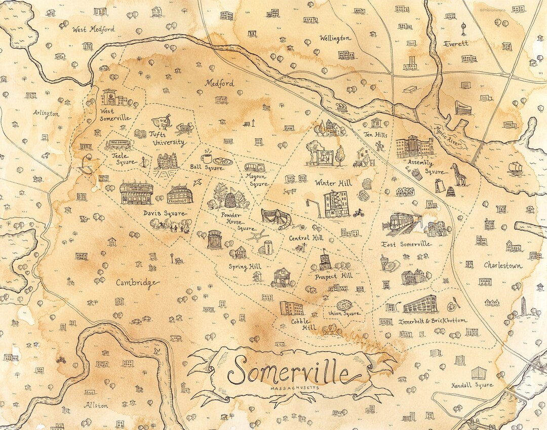Hand Drawn Map of Somerville Massachusetts, Print - Etsy