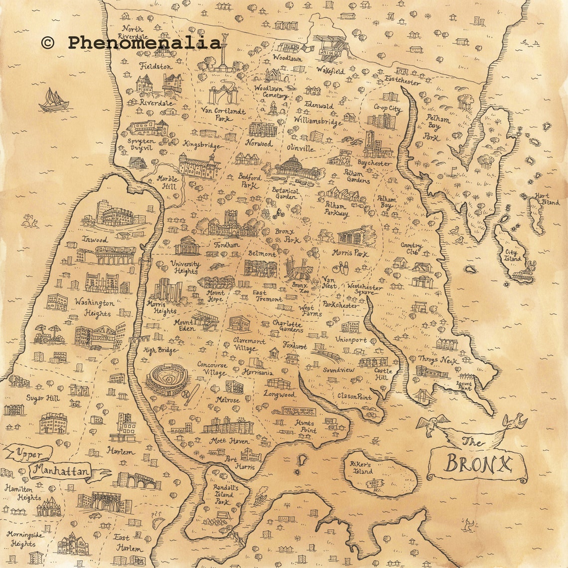 Map of the Bronx Hand Drawn Print | Etsy