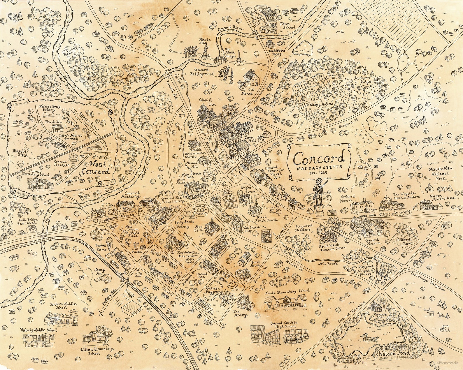 Hand Drawn Map of Concord Massachusetts - Etsy