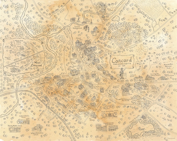 Hand Drawn Map of Concord Massachusetts - Etsy