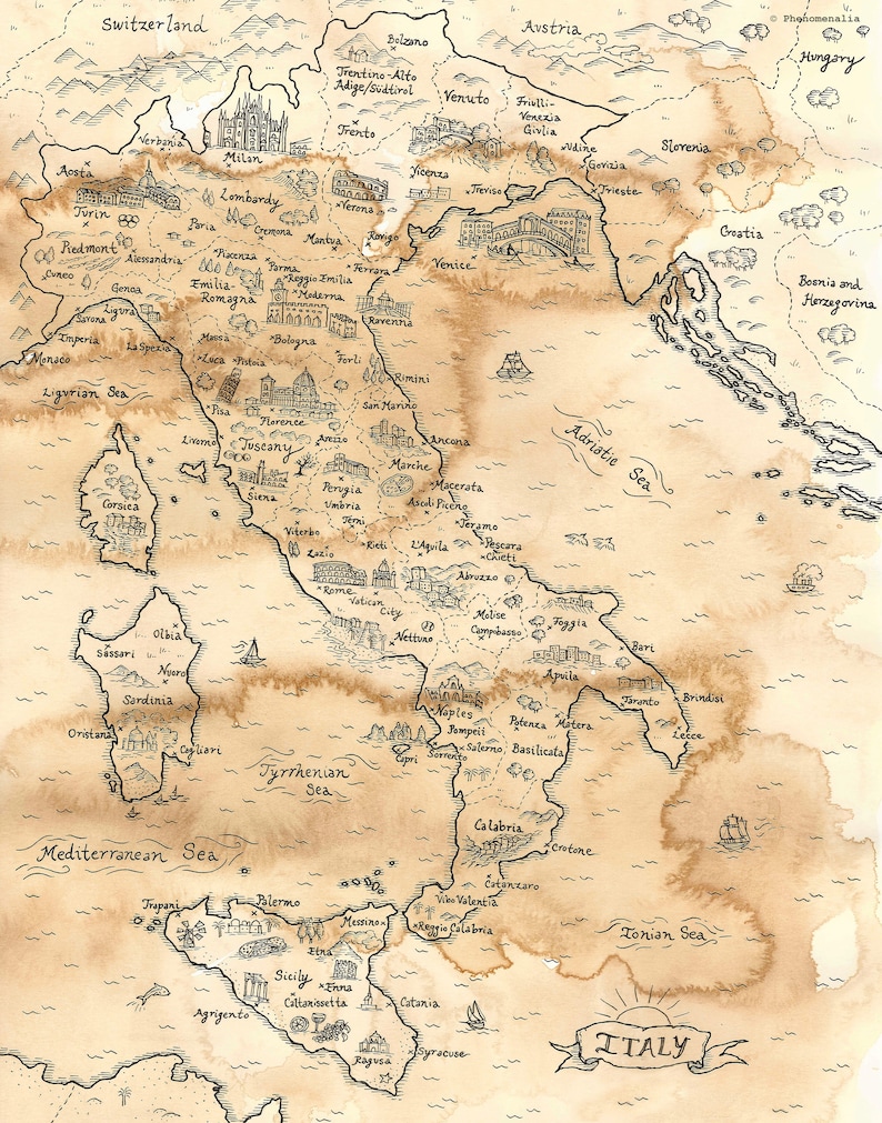 Map of Italy Treasure Map Print - Etsy