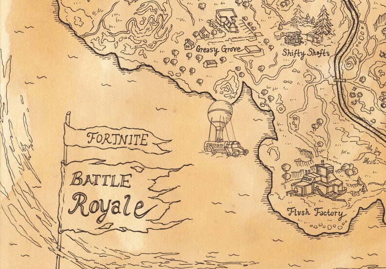 FORTNITE Hand Drawn Battle Royale Map Videogame Inspired Art | Etsy