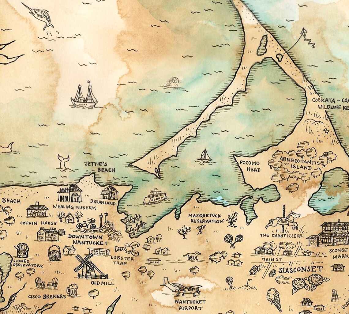 Map of Nantucket Hand Illustrated Print | Etsy