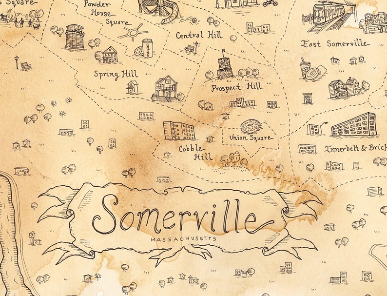 Hand Drawn Map of Somerville Massachusetts, Print - Etsy