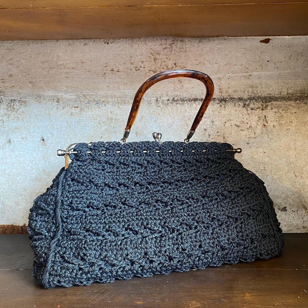 1960s/70s Crochet Mock Tortoise Shell Handle Handbag. - Etsy UK
